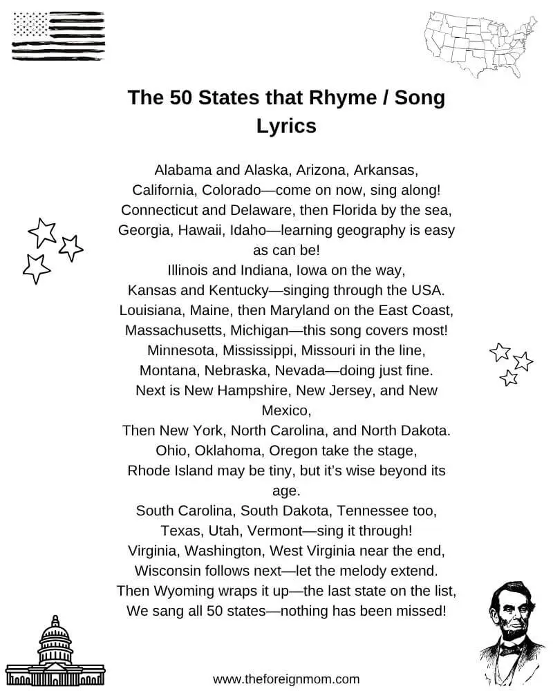 50 States Song Lyrics Printable | Free PDF for Kids
